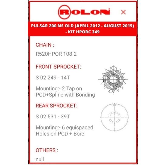 Buy Pulsar 200 NS Brass Chain Sprocket Kit by Rolon Online